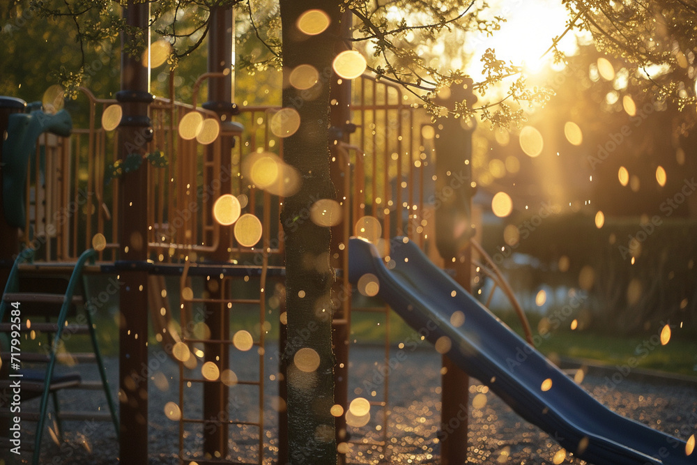 playground integrated into a natural landscape, with a serene blurry ...