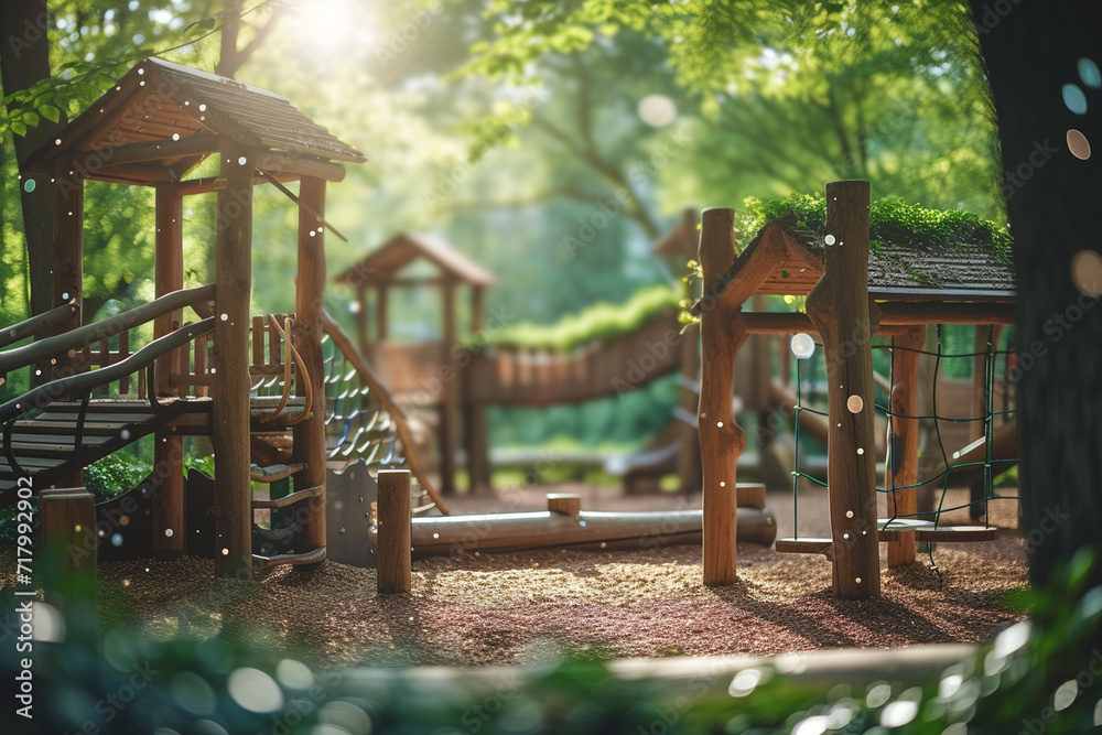 playground with natural elements, such as wooden structures and ...