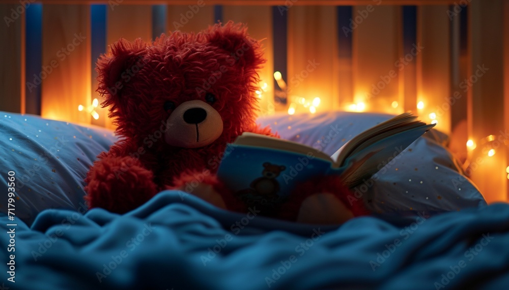 Sleepy Red Teddy bear tucked in bed with a bedtime storybook ...