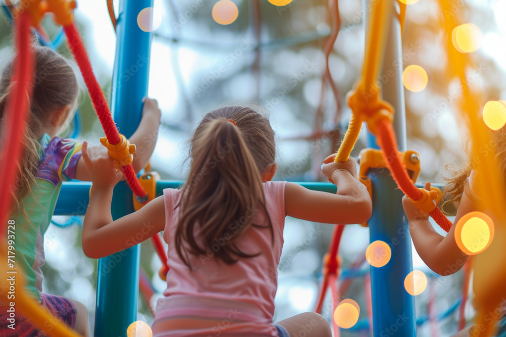 children engaged in teamwork on a playground, with a soft, blurry light ...