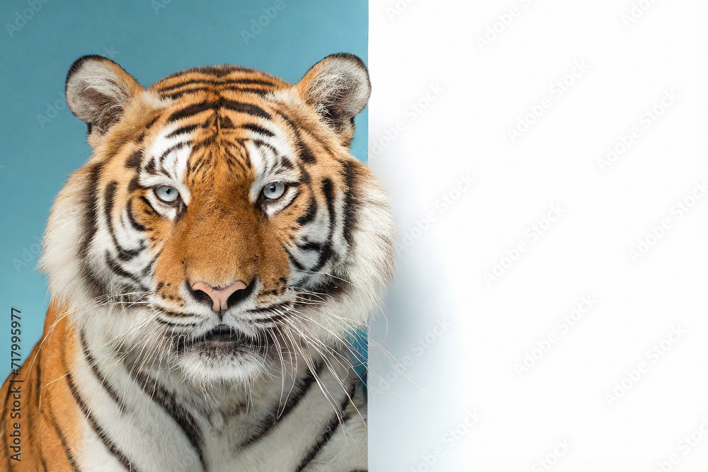 Blank white mockup banner.A tiger holds big billboard.blue background ...