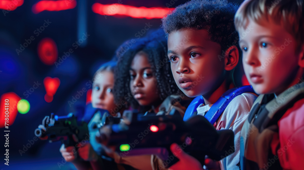cheerful children playing laser tag, kids, shooting, laser gun, game ...