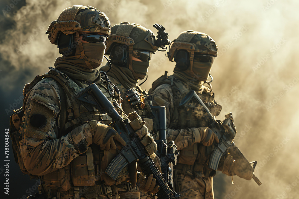 soldiers in full combat gear standing together with carrying guns ...