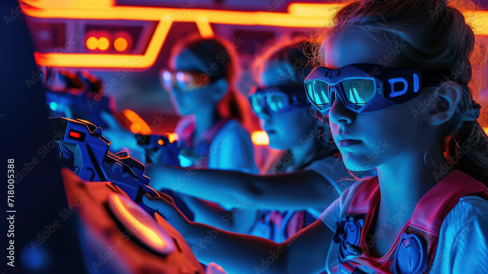 cheerful children playing laser tag, kids, shooting, laser gun, game ...