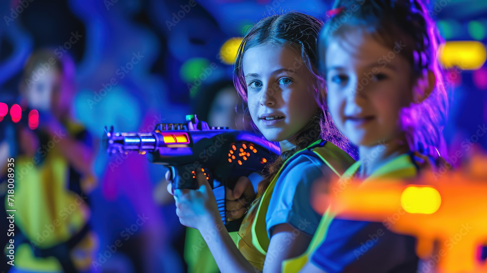 cheerful children playing laser tag, kids, shooting, laser gun, game, childhood, entertainment ...