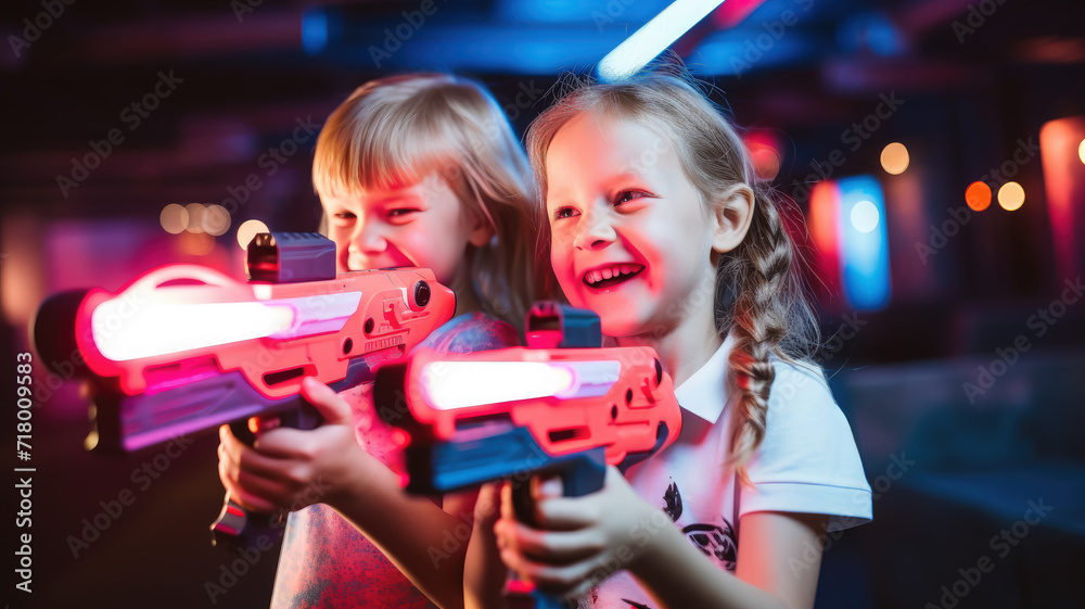 cheerful children playing laser tag, kids, shooting, laser gun, game ...