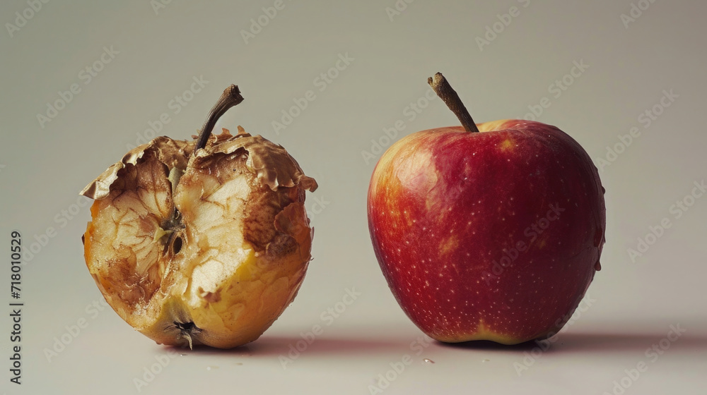 comparison of a good red apple with a bad rotten one, on a neutral ...
