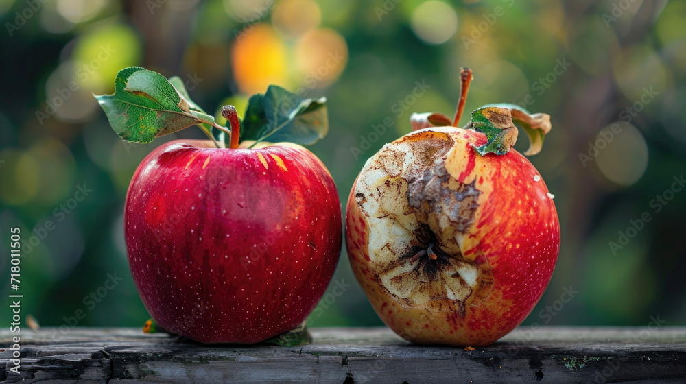 comparison of a good red apple with a bad rotten one, sunny bokeh Stock ...