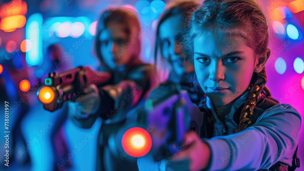 cheerful children playing laser tag, kids, shooting, laser gun, game ...