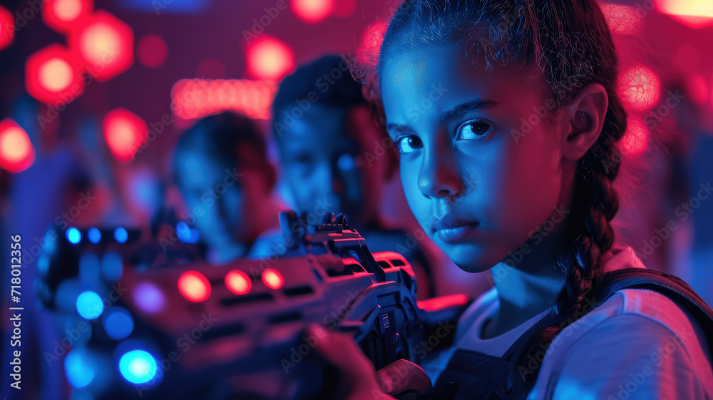 cheerful children playing laser tag, kids, shooting, laser gun, game ...