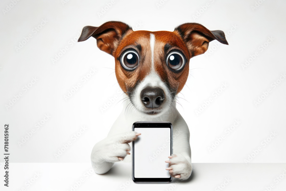 surprised Jack Russell Terrier dog with bulging big eyes point on ...