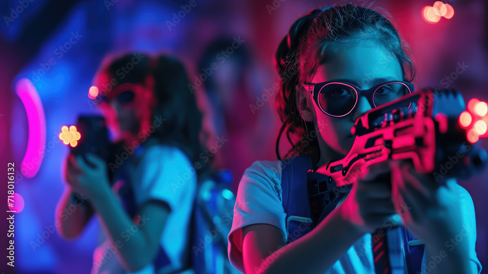 cheerful children playing laser tag, kids, shooting, laser gun, game ...