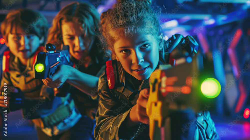 cheerful children playing laser tag, kids, shooting, laser gun, game ...