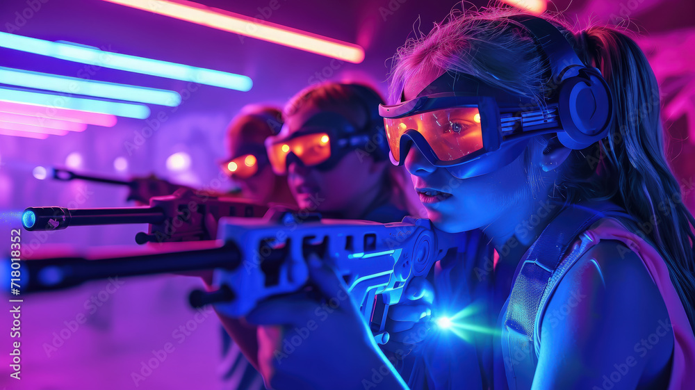 cheerful children playing laser tag, kids, shooting, laser gun, game ...