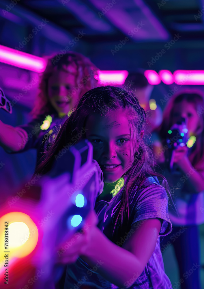 cheerful children playing laser tag, kids, shooting, laser gun, game ...