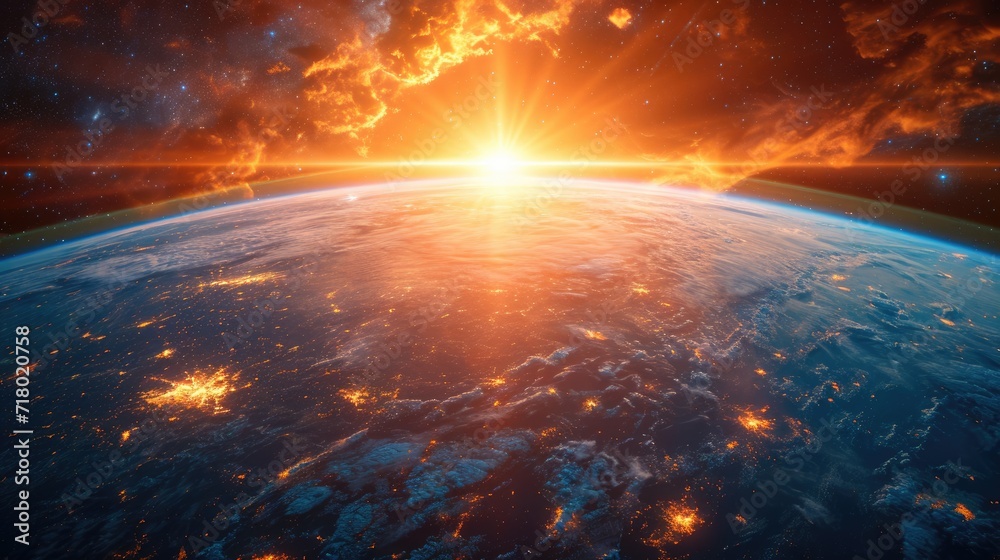 Red bright sunset with the rays of the sun at a bird's eye view, from ...