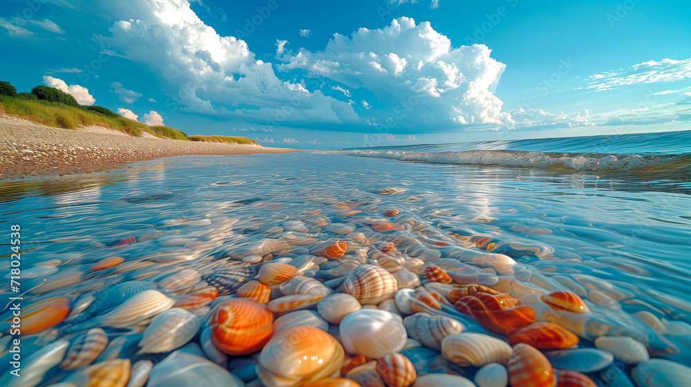 A vibrant collection of colorful seashells submerged in clear, shallow ...