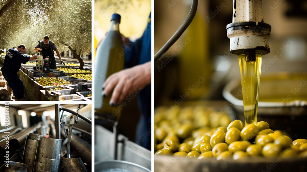 A sequence of images illustrating the step-by-step process of olive oil ...