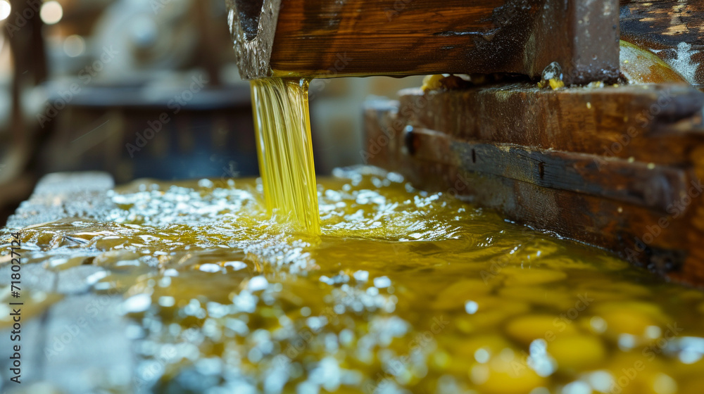 A close-up of olives being pressed by a traditional wooden press, with ...
