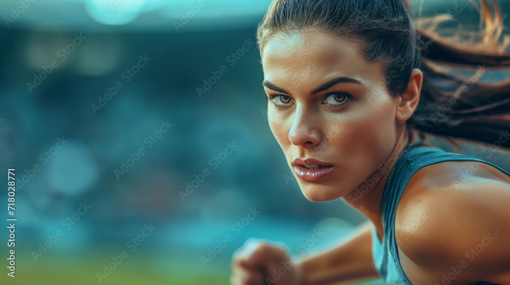 Female Athlete Sprinting with Intense Focus: Stadium Background and ...