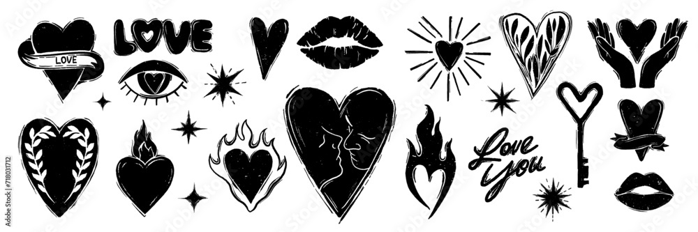 Heart linocut icon set, romantic gothic love y2k sign, 90s grunge ...