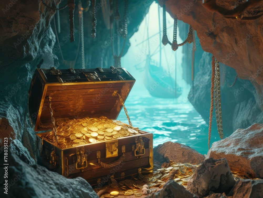 Discover the allure of an open pirate treasure chest gleaming with gold ...