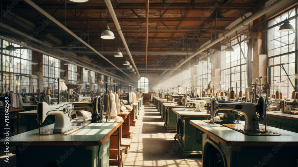 A large industrial sewing factory with modern equipment, sewing ...