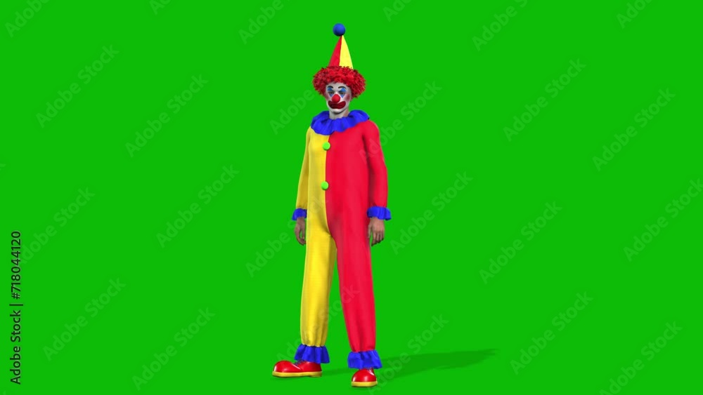 A clown 3D character wearing a red and yellow costume, a pointy hat ...