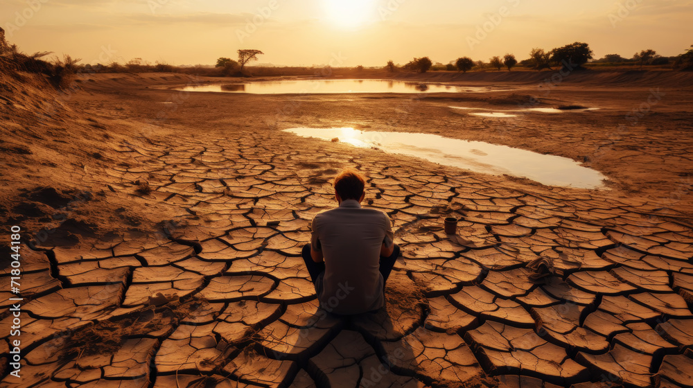 Man sits on cracked ground near dry river. Back view. Drought concept ...