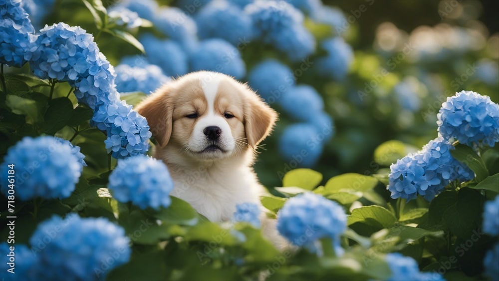 golden retriever puppy A content puppy with closed eyes and a gentle smile, surrounded by a halo ...