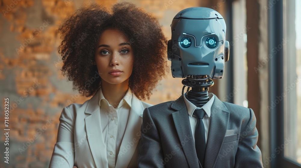 Humanity and Robotics. Young Black Woman and Robot Futuristic ...