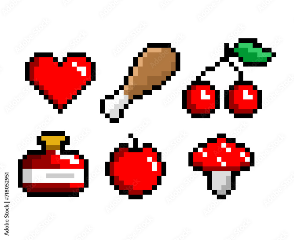 8-bit pixel art icons set. Meat, potion heart cherry mushroom Game ...