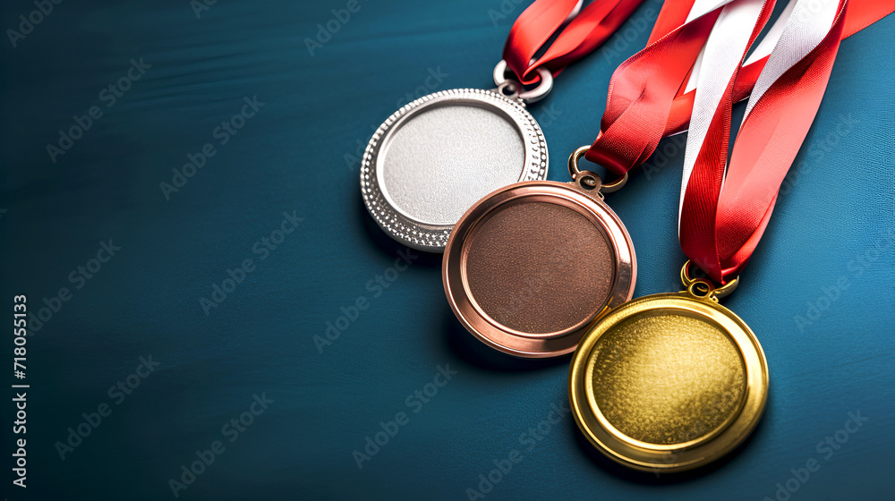 Sports medals on blue, symbolizing sports achievements. Gold, silver ...