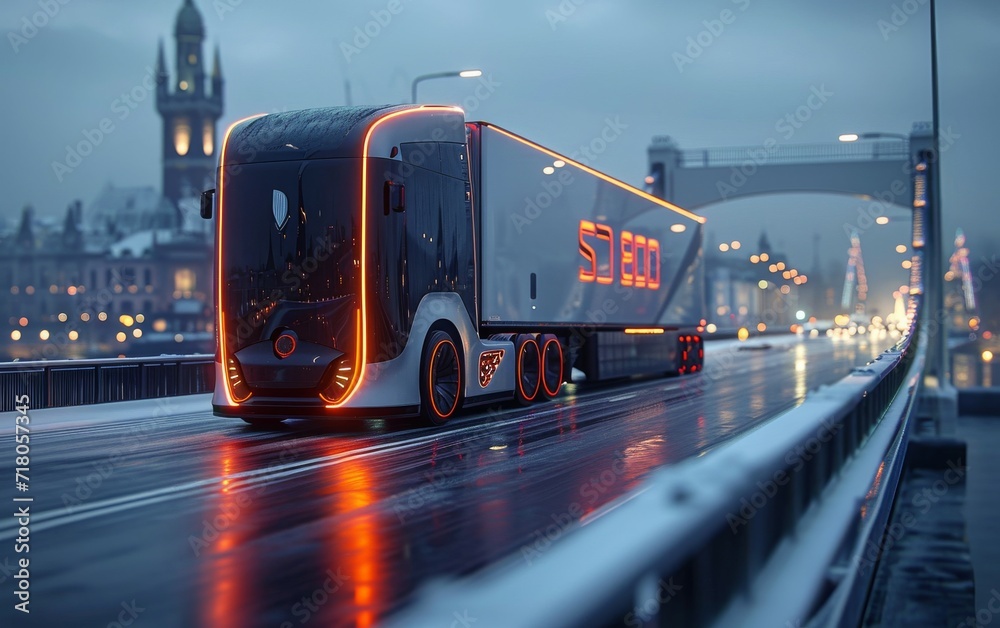 Autonomous electric shuttle bus self driving across city green road ...