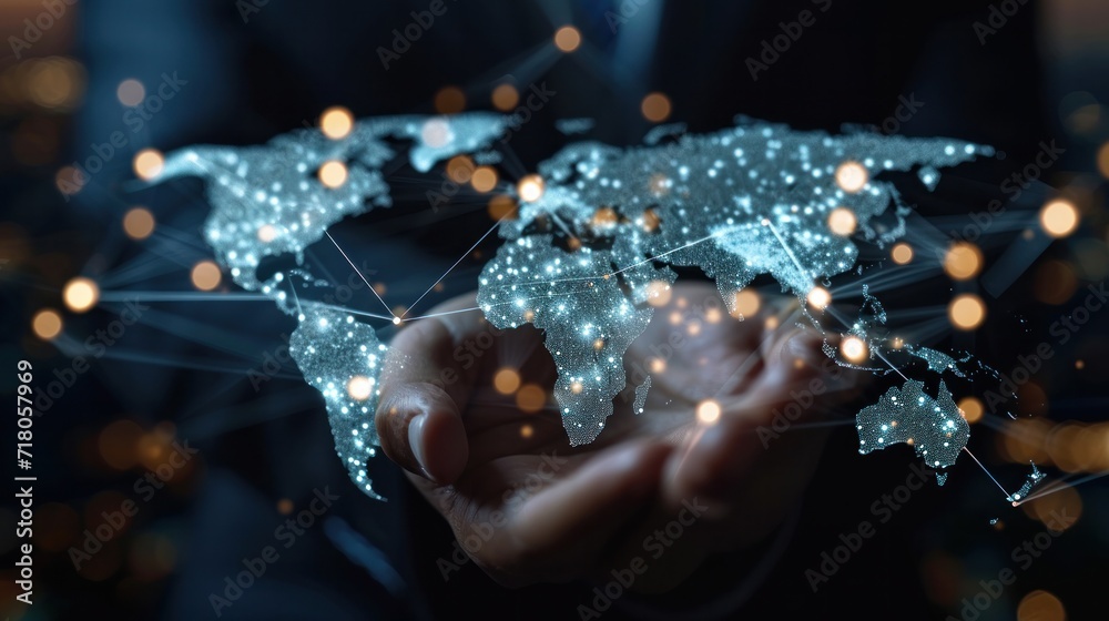 Digital technology, businessman holding Global network connection. Big ...