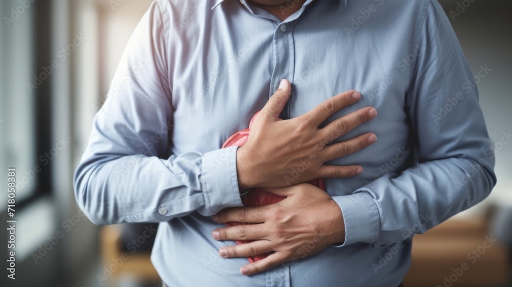 hand hold chest with heart attack symptoms, asian woman working hard ...