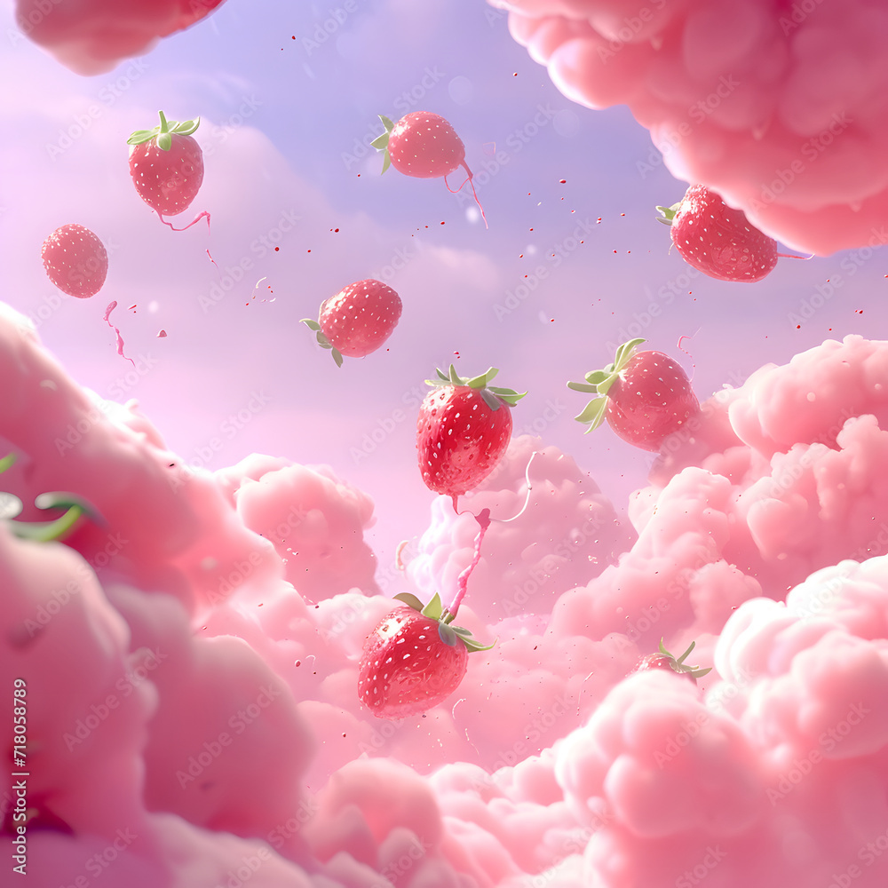 3d pink cloud with lollipop, strawberries, butterflies, candy, fantasy ...