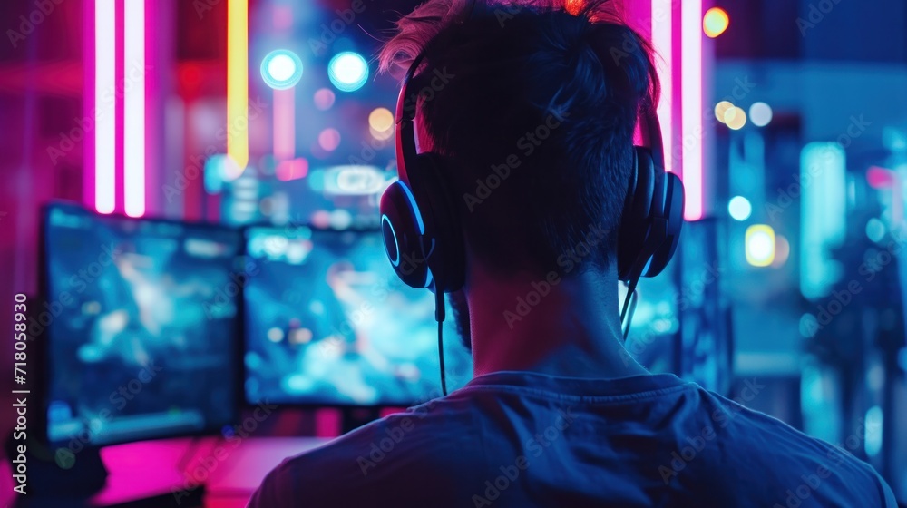 pro gamer man in headphones live streaming while playing online ...