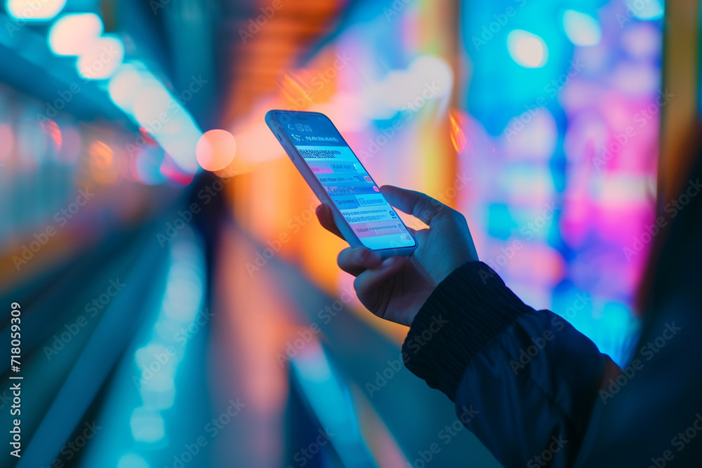 traveler happily holding a digital travel ticket on a smartphone, with ...