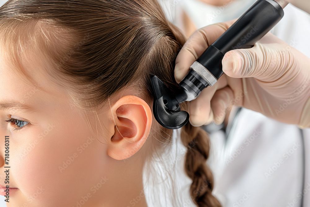 A little girl is having her hearing tested in a clinic. Concept photo ...