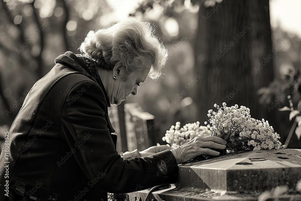 People paying respects at a tombstone to convey the reverence and honor ...