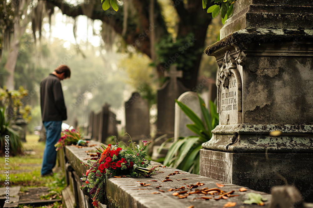 People paying respects at a tombstone to convey the reverence and honor ...