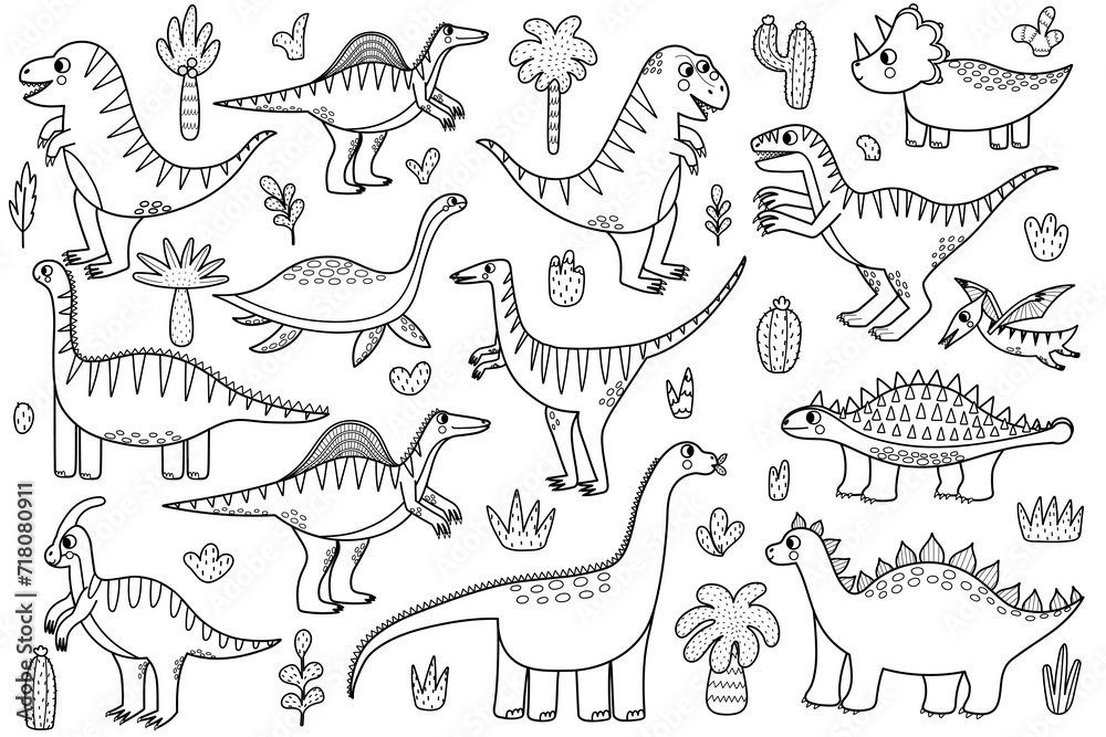 Cute dinosaurs black and white collection for kids. Set with funny ...