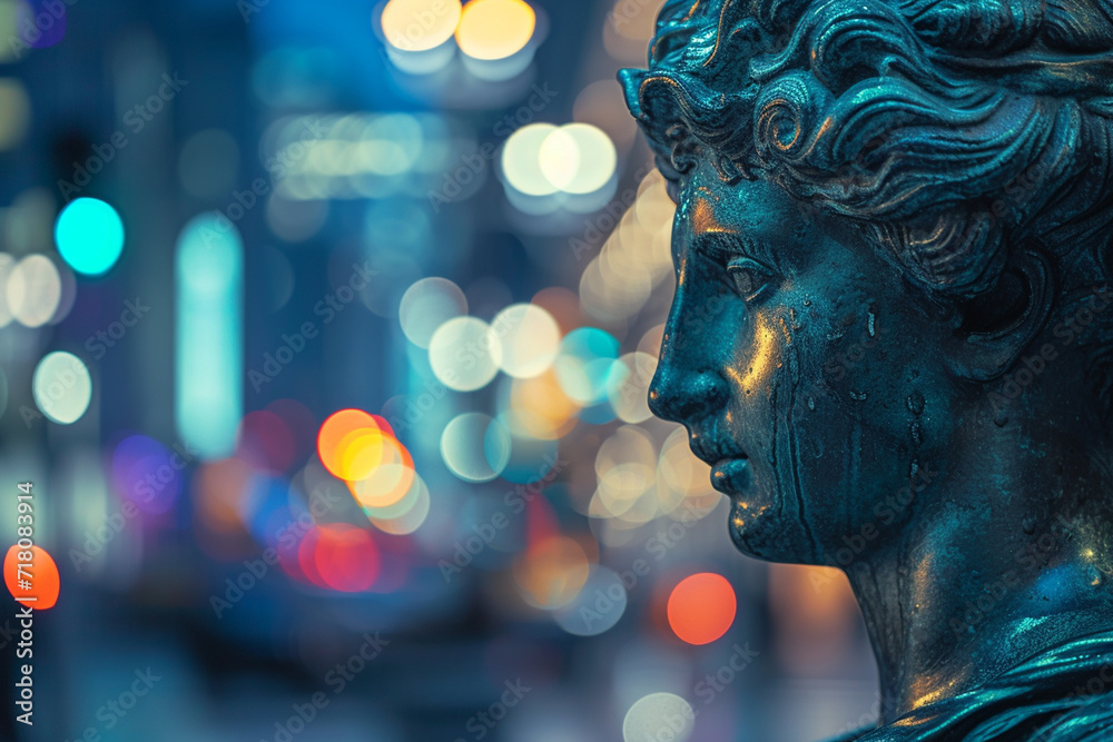 statue in an upscale urban setting, with the city lights creating a ...