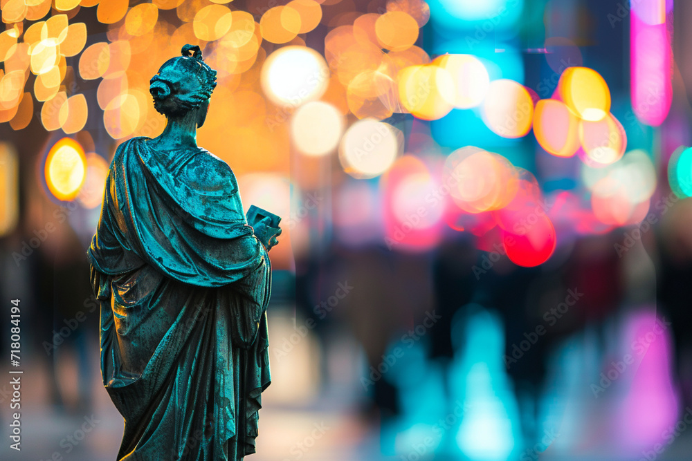 monumental statue in a public square, with dynamic city lights forming ...