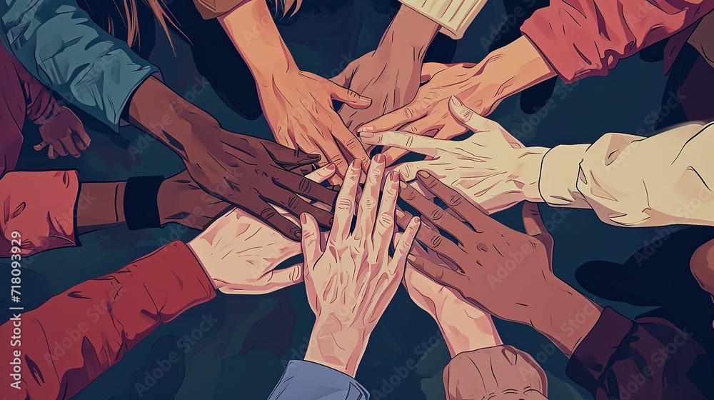 A vibrant illustration of diverse hands coming together in a sign of ...