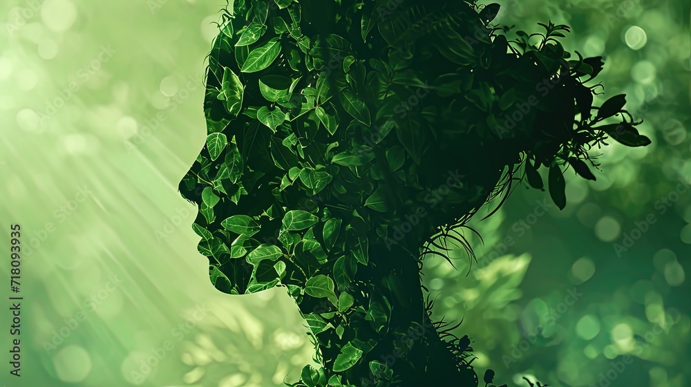 Digital illustration of a human profile silhouette composed of green ...