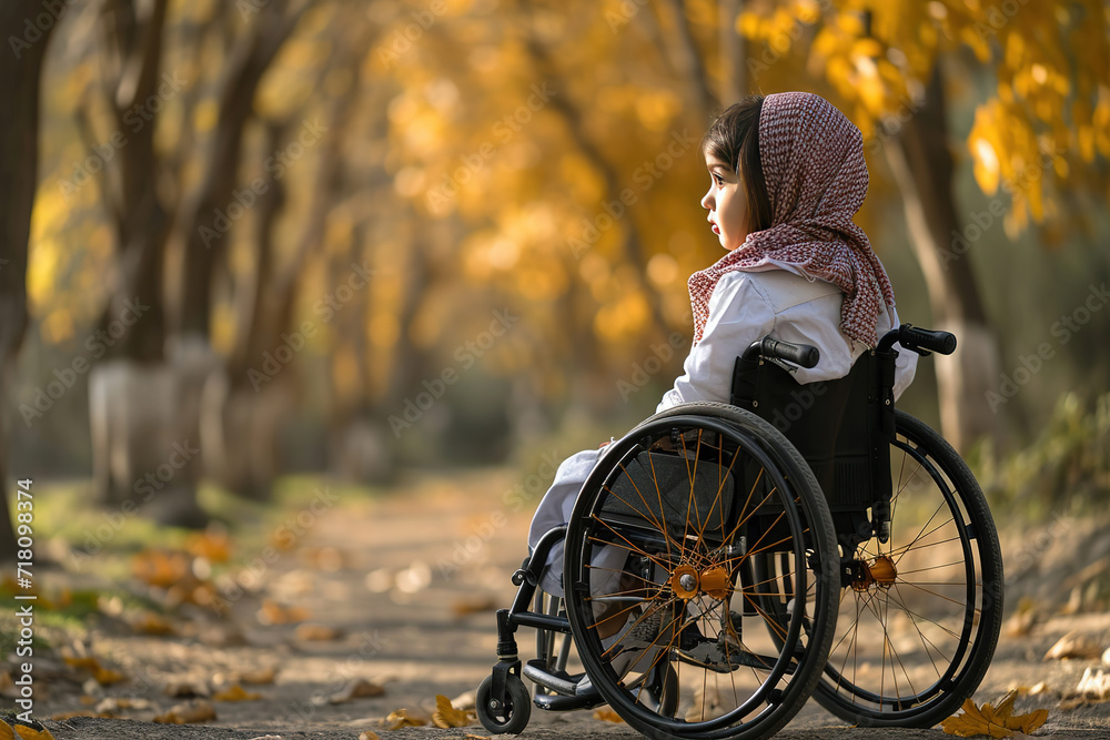 a beautiful young cute model handicapped arab kid girl sitting in a ...