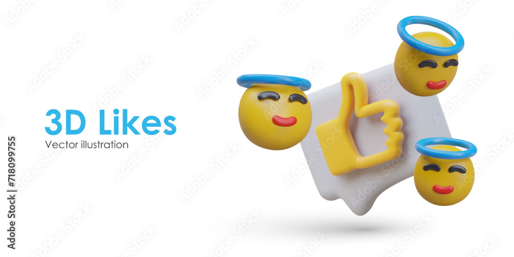 3D likes. Emoticons of holy innocence with halo. Thumbs up comment ...