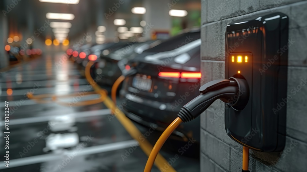 EV hybrid car charging from white modern wallbox. Generic electric ...